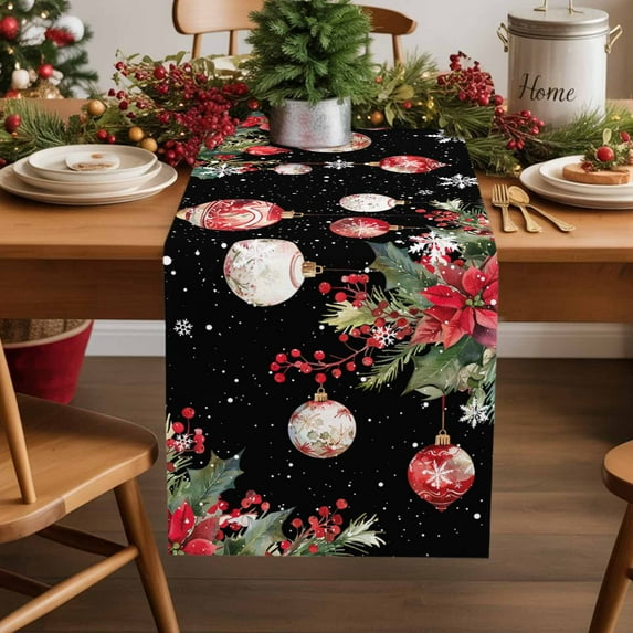 Burlap Table Runner 36 Inches Long,Xmas Poinsettia Christmas Ball ...