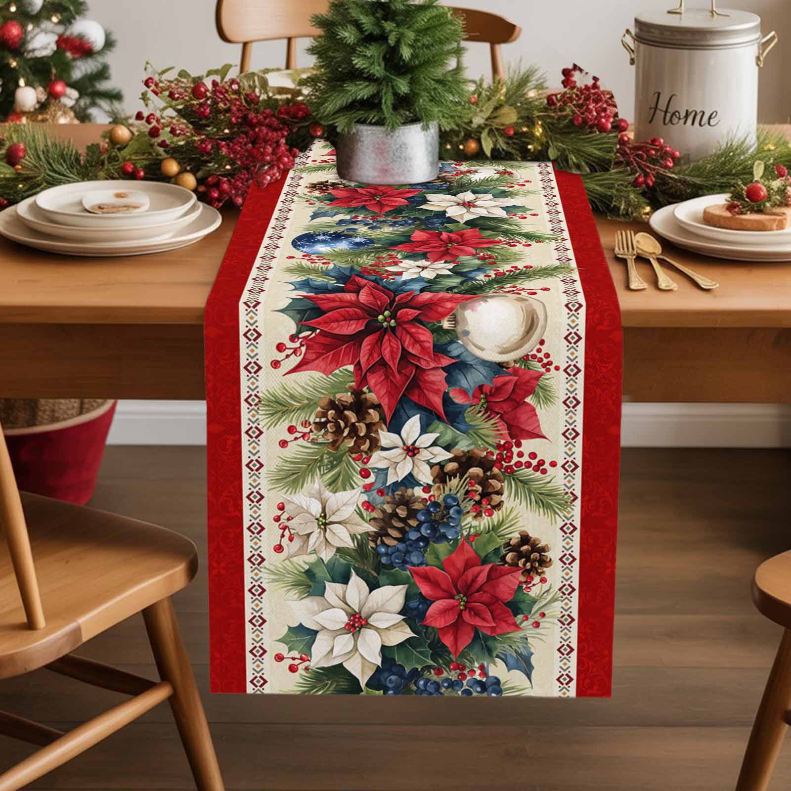 Burlap Table Runner 36 Inches Long,Xmas Poinsettia Fir Leaves on Red ...