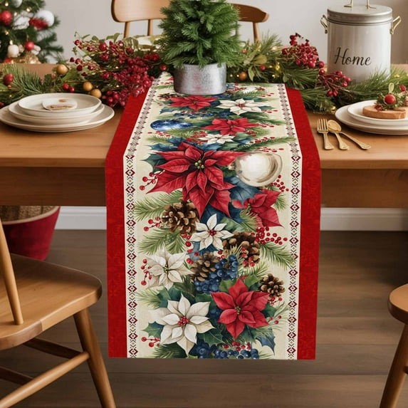 Burlap Table Runner 36 Inches Long,Xmas Poinsettia Fir Leaves on Red ...