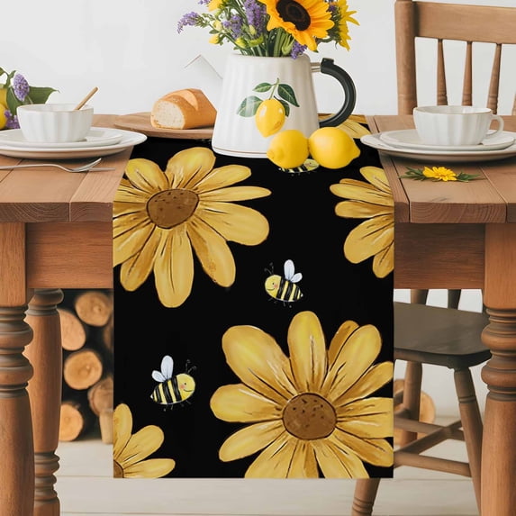 Burlap Table Runner 36 Inches Long, Yellow Daisy Flower Bee on Black ...