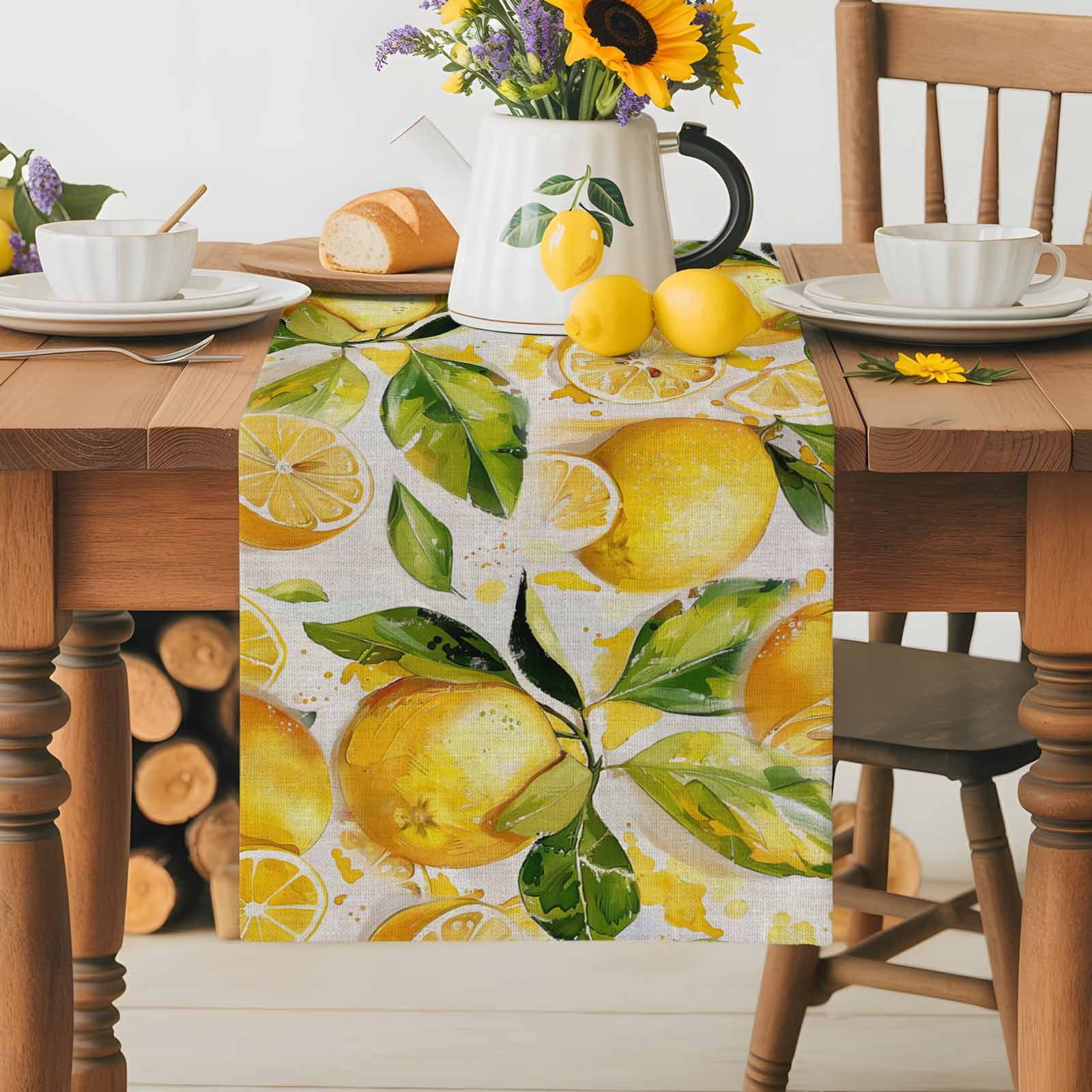Burlap Table Runner 36 Inches Long,Yellow Lemon Watercolor Leaves Non ...