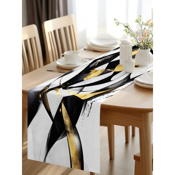 Burlap Table Runner 48 Inches Long, Abstract Black Gold White Lines Art ...
