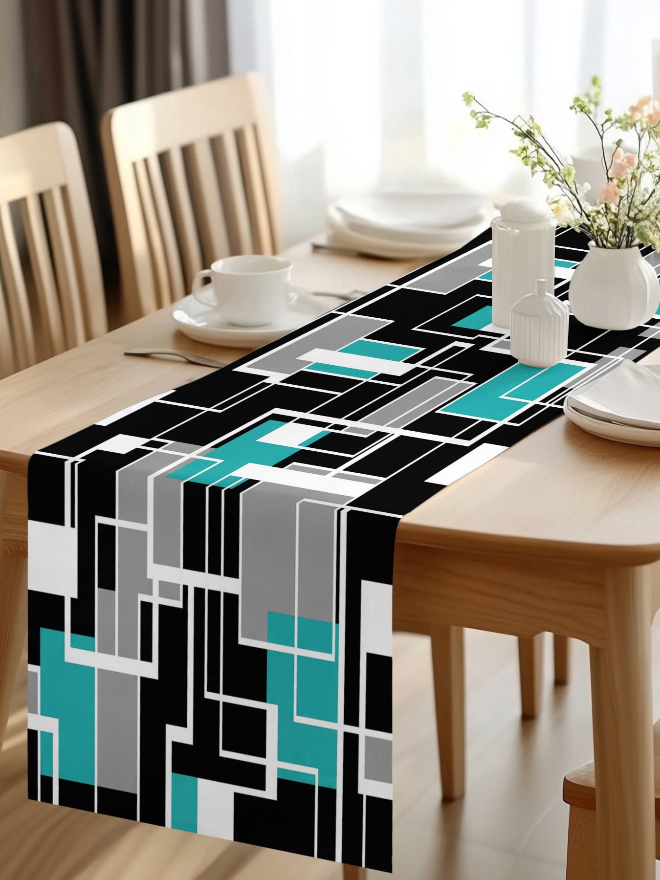 Burlap Table Runner 48 Inches Long, Abstract Blue Black Geometric Non ...