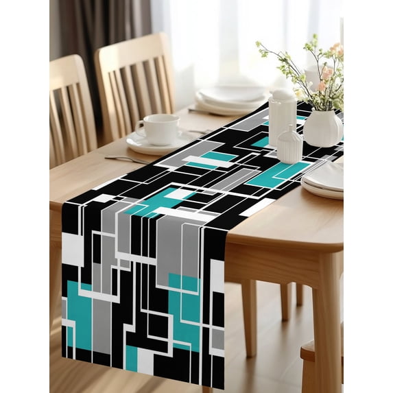 Burlap Table Runner 48 Inches Long, Abstract Blue Black Geometric Non ...
