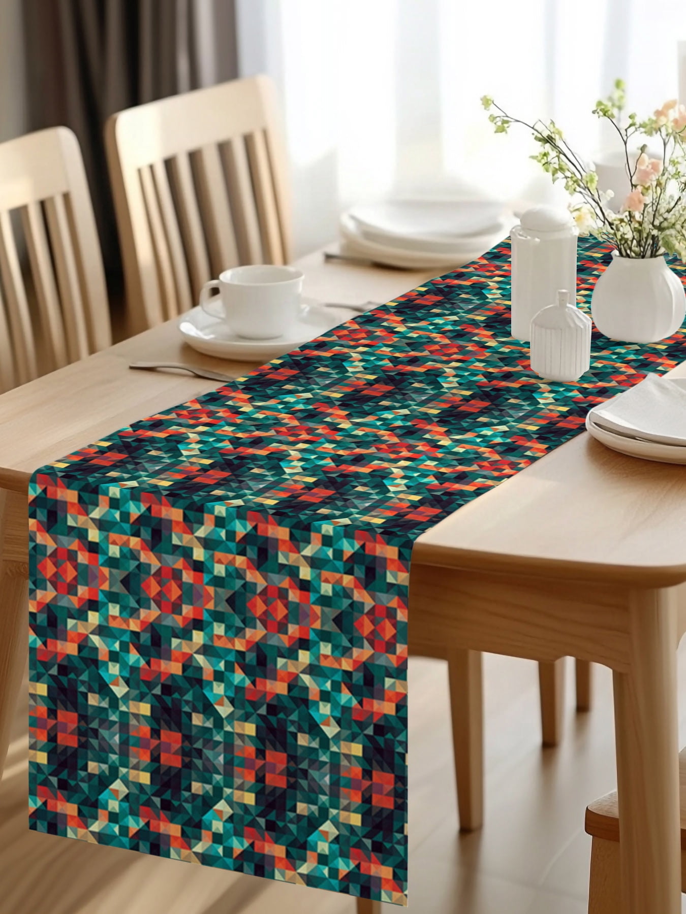 Burlap Table Runner 48 Inches Long, Abstract Colorful Mosaic Tile Art ...