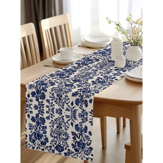 Burlap Table Runner 48 Inches Long, Abstract Flower Deep Blue Non-Slip ...