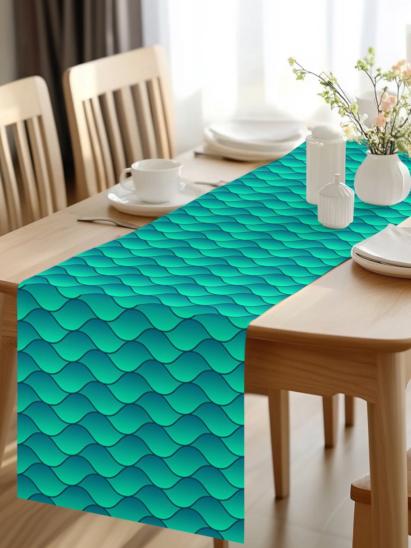 Burlap Table Runner 48 Inches Long, Abstract Geometric Wave Lines Non ...