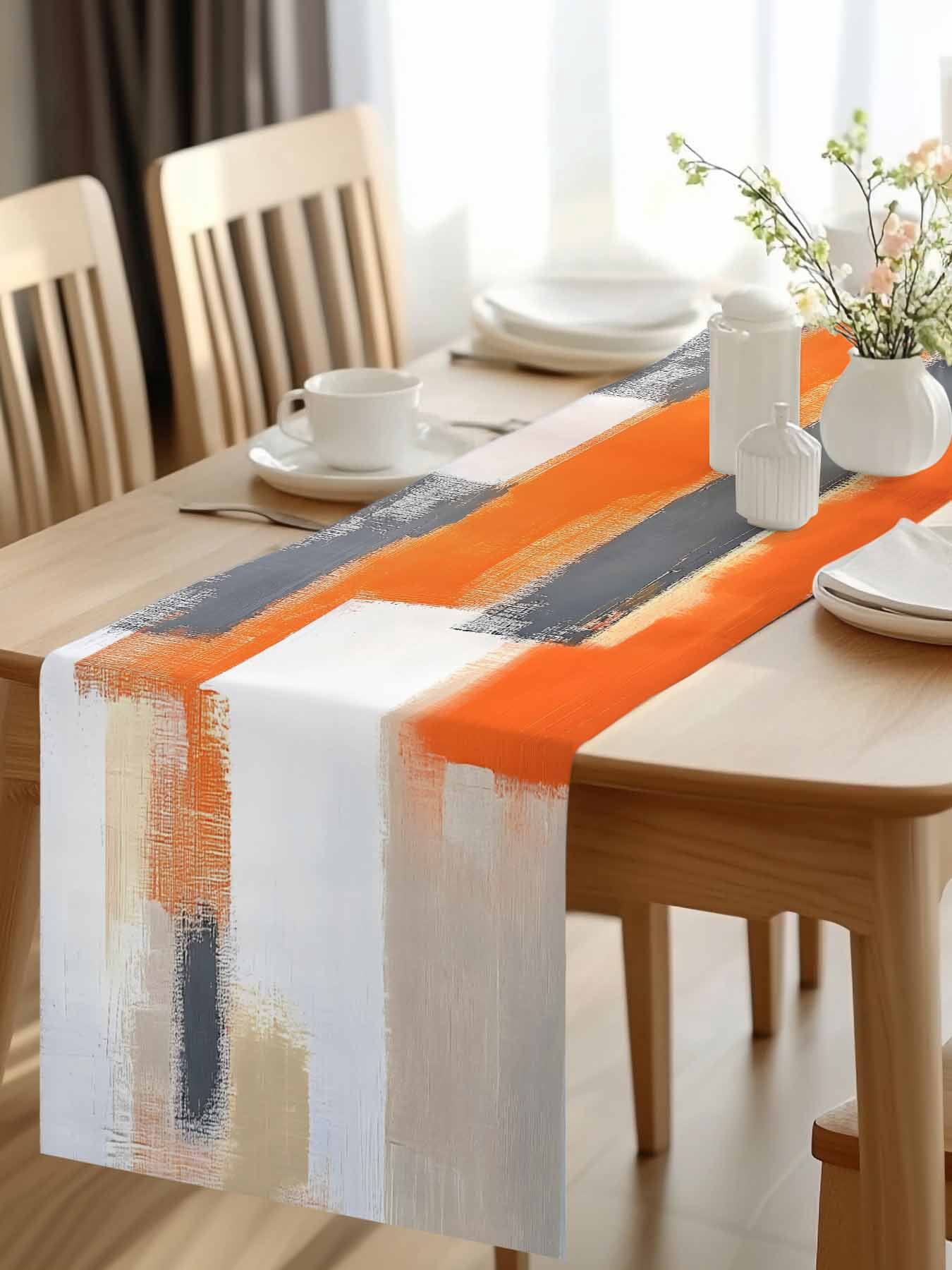 Burlap Table Runner 48 Inches Long, Abstract Orange Gray Square Non ...
