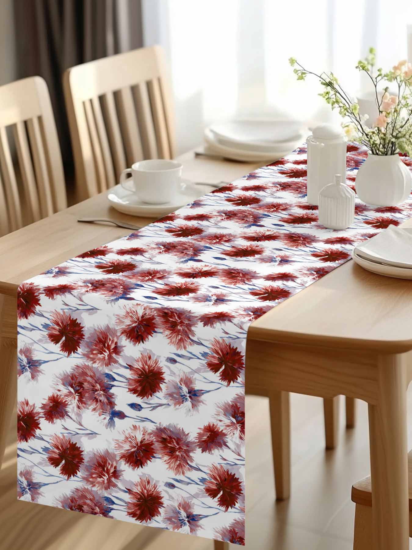 Burlap Table Runner 48 Inches Long, Abstract Red Flowers Chamomile Non ...