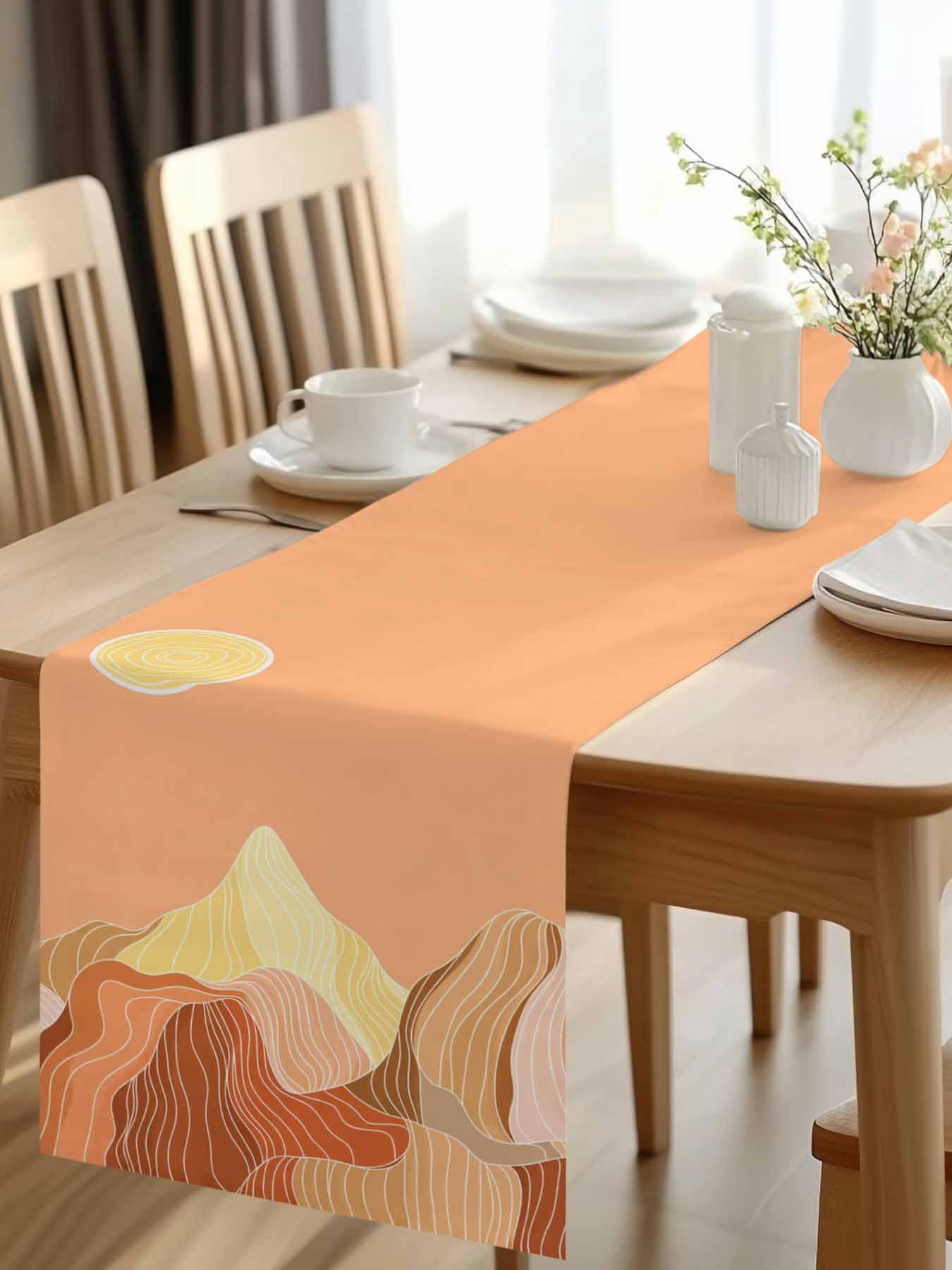 Burlap Table Runner 48 Inches Long, Abstract Sun Mountain Landscape Non ...