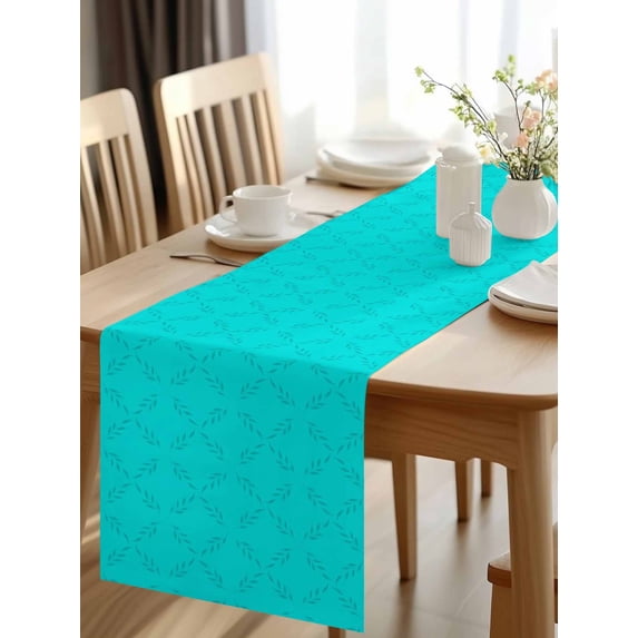 Burlap Table Runner 48 Inches Long, Abstract Turquoise Diamond Leaves ...