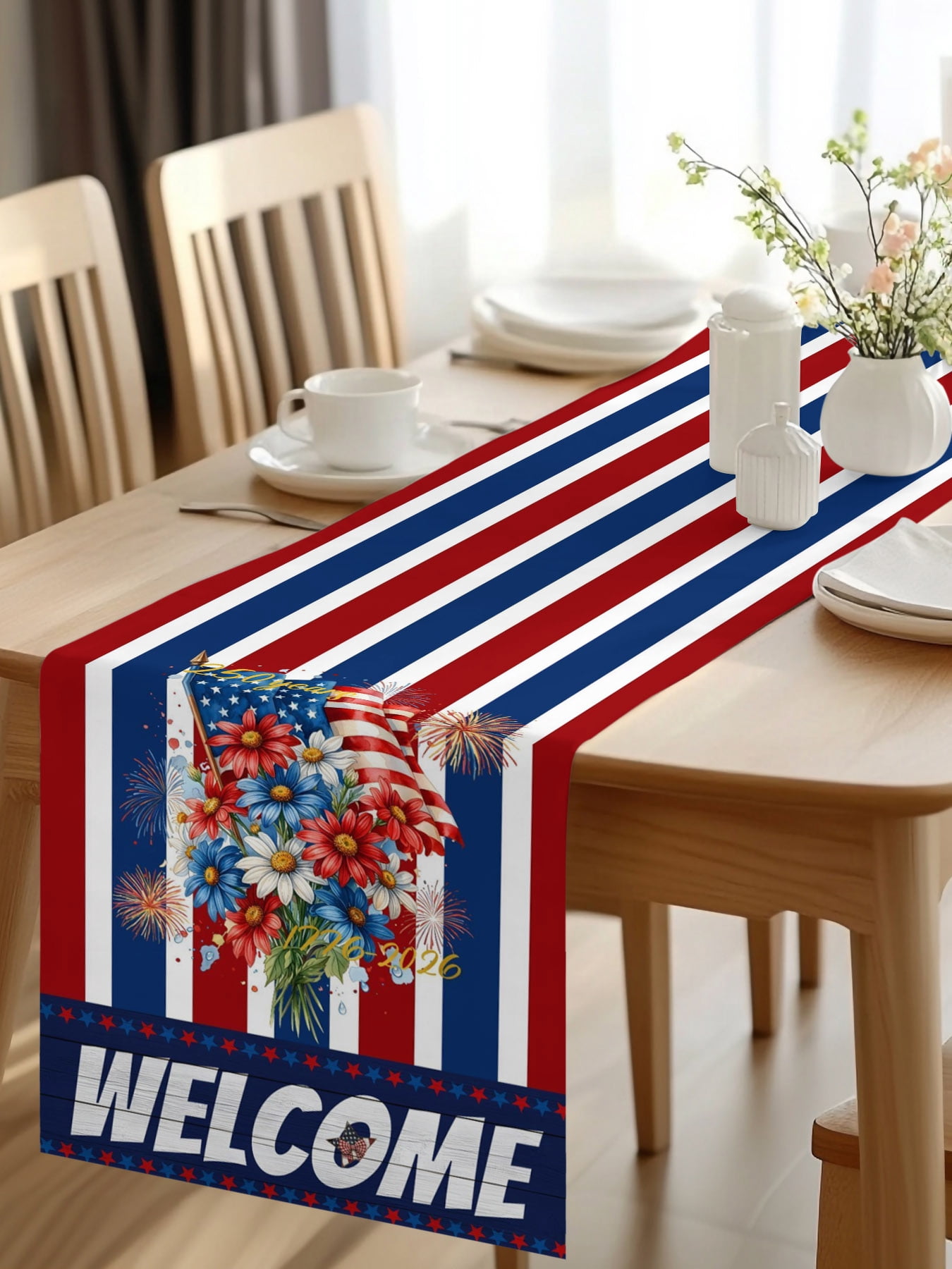 Burlap Table Runner 48 Inches Long, Anniversary USA Flag Non-Slip ...