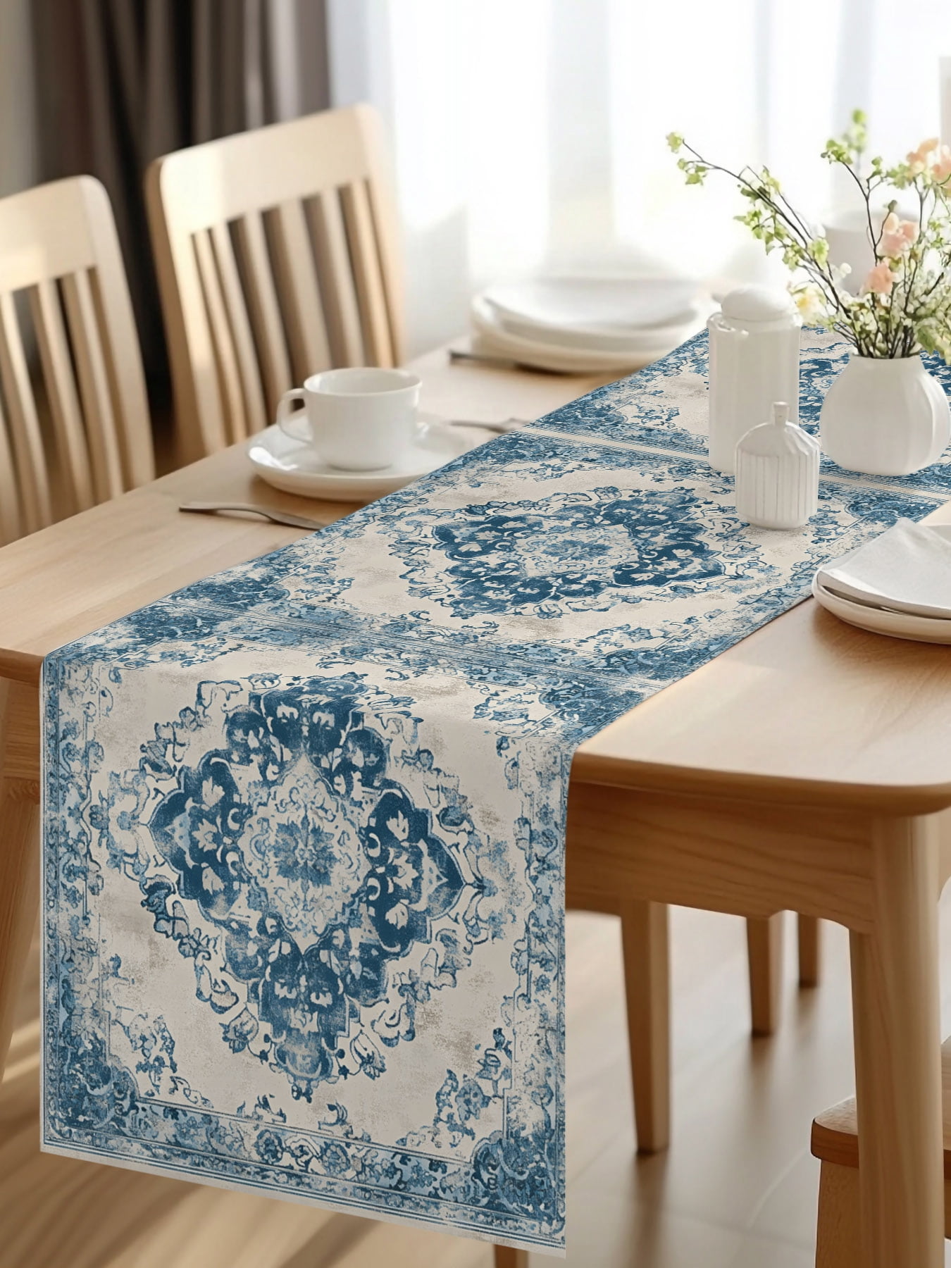 Burlap Table Runner 48 Inches Long, Blue Ethnic Bohemian Traditional ...