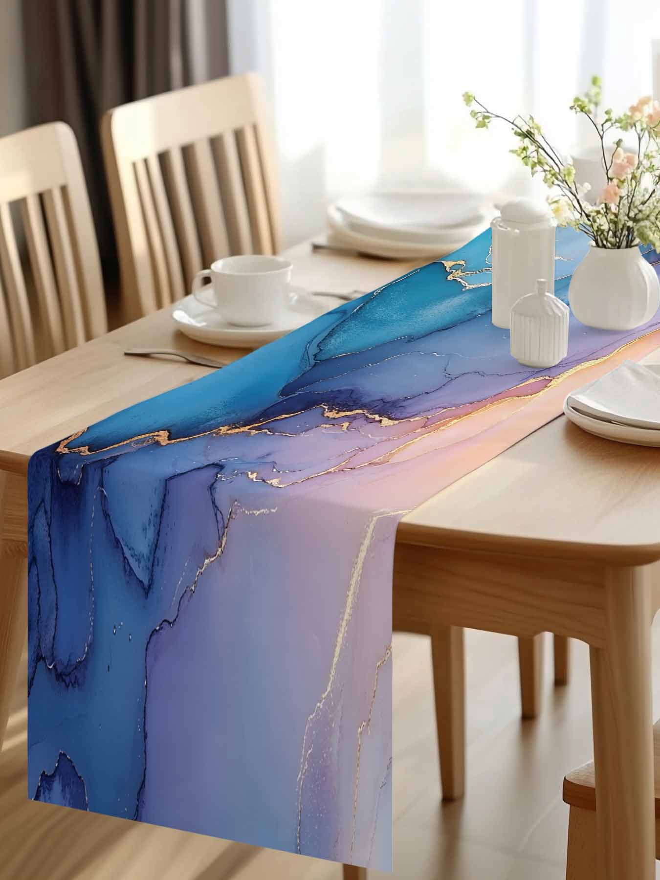 Burlap Table Runner 48 Inches Long, Blue Gradient Water Ripple Non-Slip ...