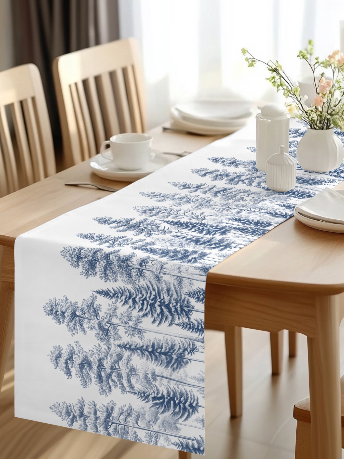 Burlap Table Runner 48 Inches Long, Blue Pine Tree Forest on White Non ...