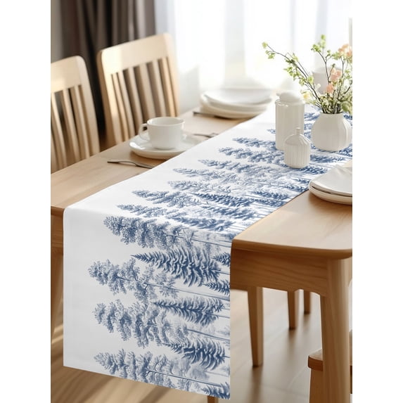 Burlap Table Runner 48 Inches Long, Blue Pine Tree Forest on White Non ...