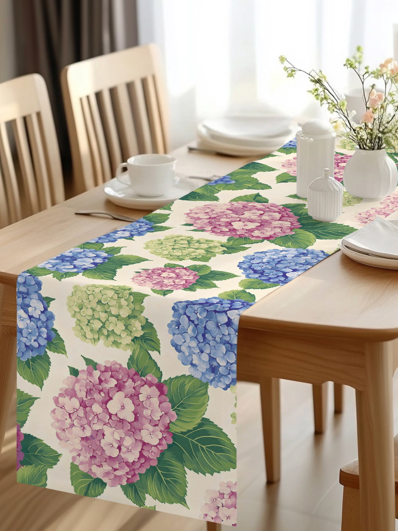 Burlap Table Runner 48 Inches Long, Blue Pink Green Hydrangea Blooms ...