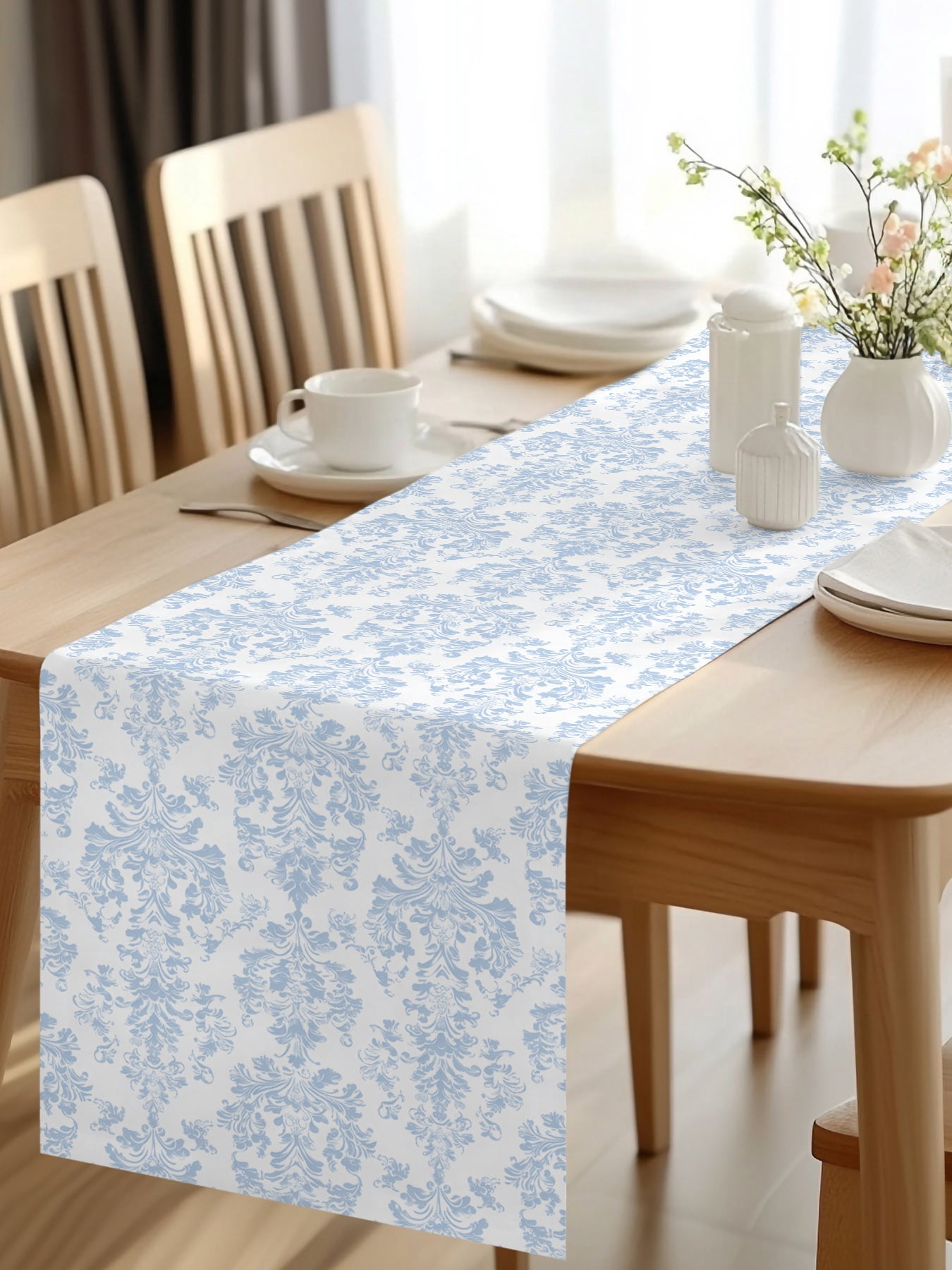 Burlap Table Runner 48 Inches Long, Blue and White Floral Retro Non ...