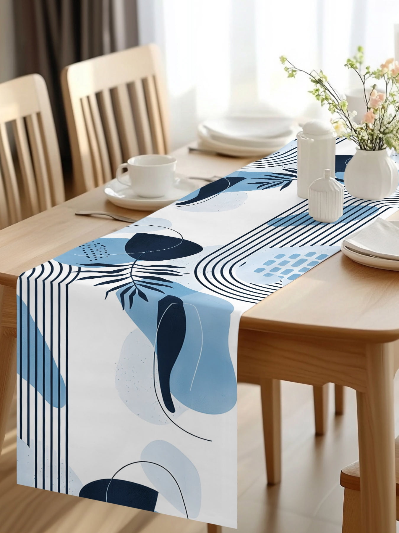 Burlap Table Runner 48 Inches Long, Boho Blue Arch Abstract Geometric ...
