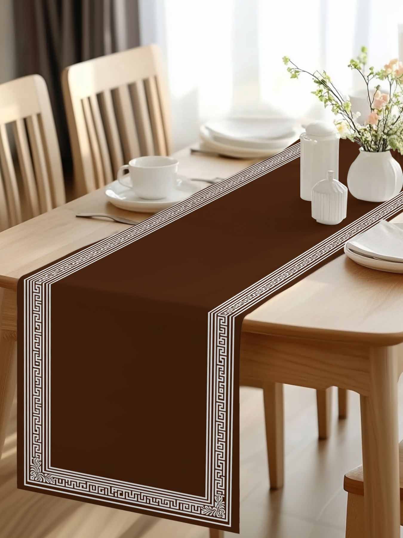 Burlap Table Runner 48 Inches Long, Brown Greek Key Geometric Non-Slip ...