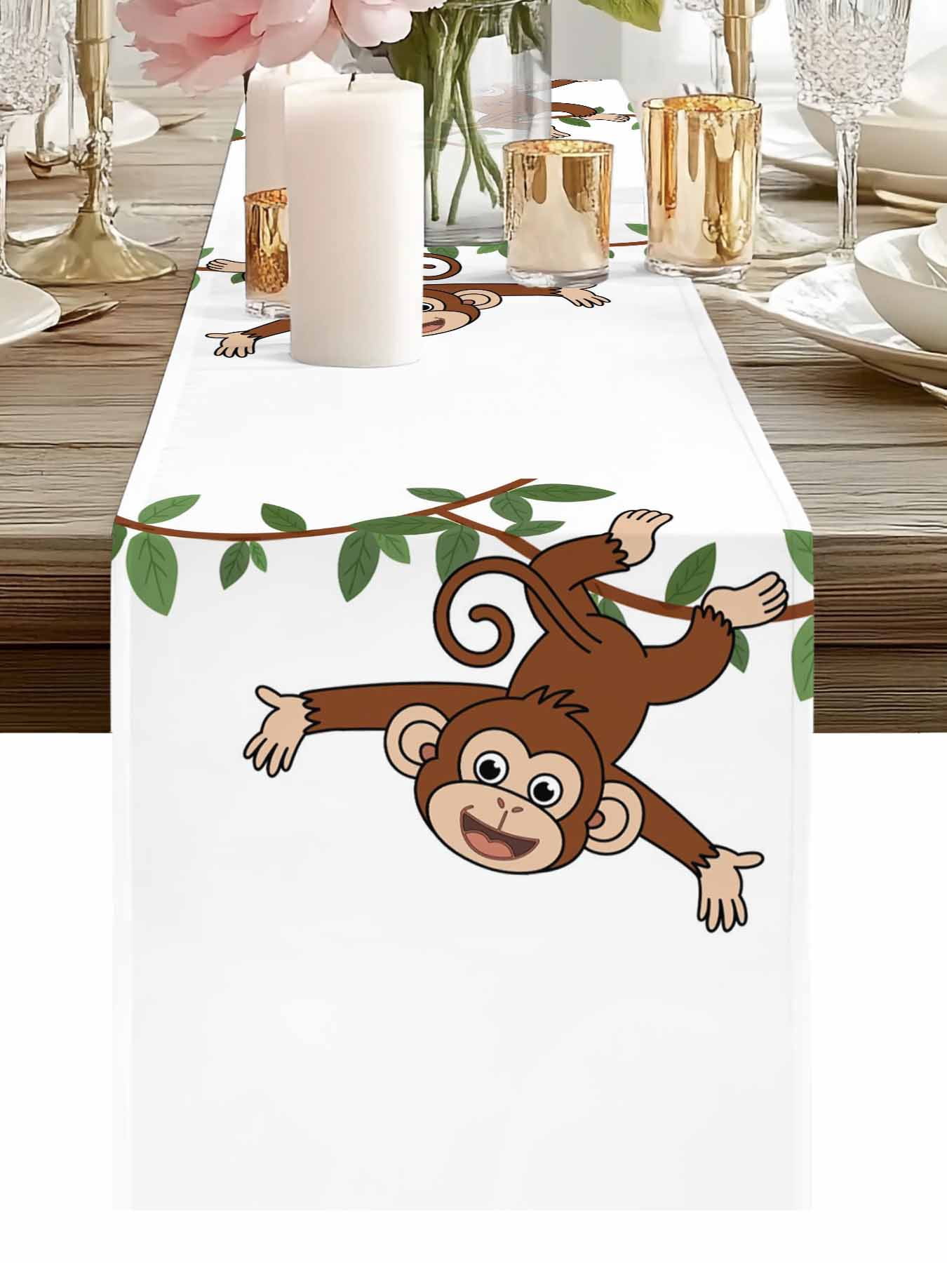 Burlap Table Runner 48 Inches Long, Cartoon Funny Monkey Green Leaves ...