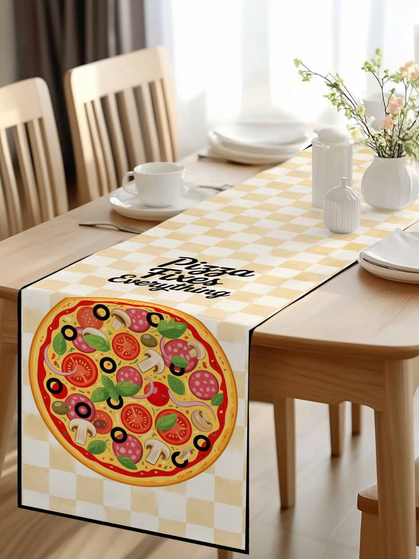 Burlap Table Runner 48 Inches Long, Cartoon Pizza on Yellow Plaid Non ...