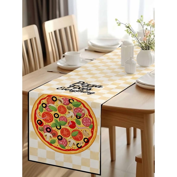 Burlap Table Runner 48 Inches Long, Cartoon Pizza on Yellow Plaid Non ...
