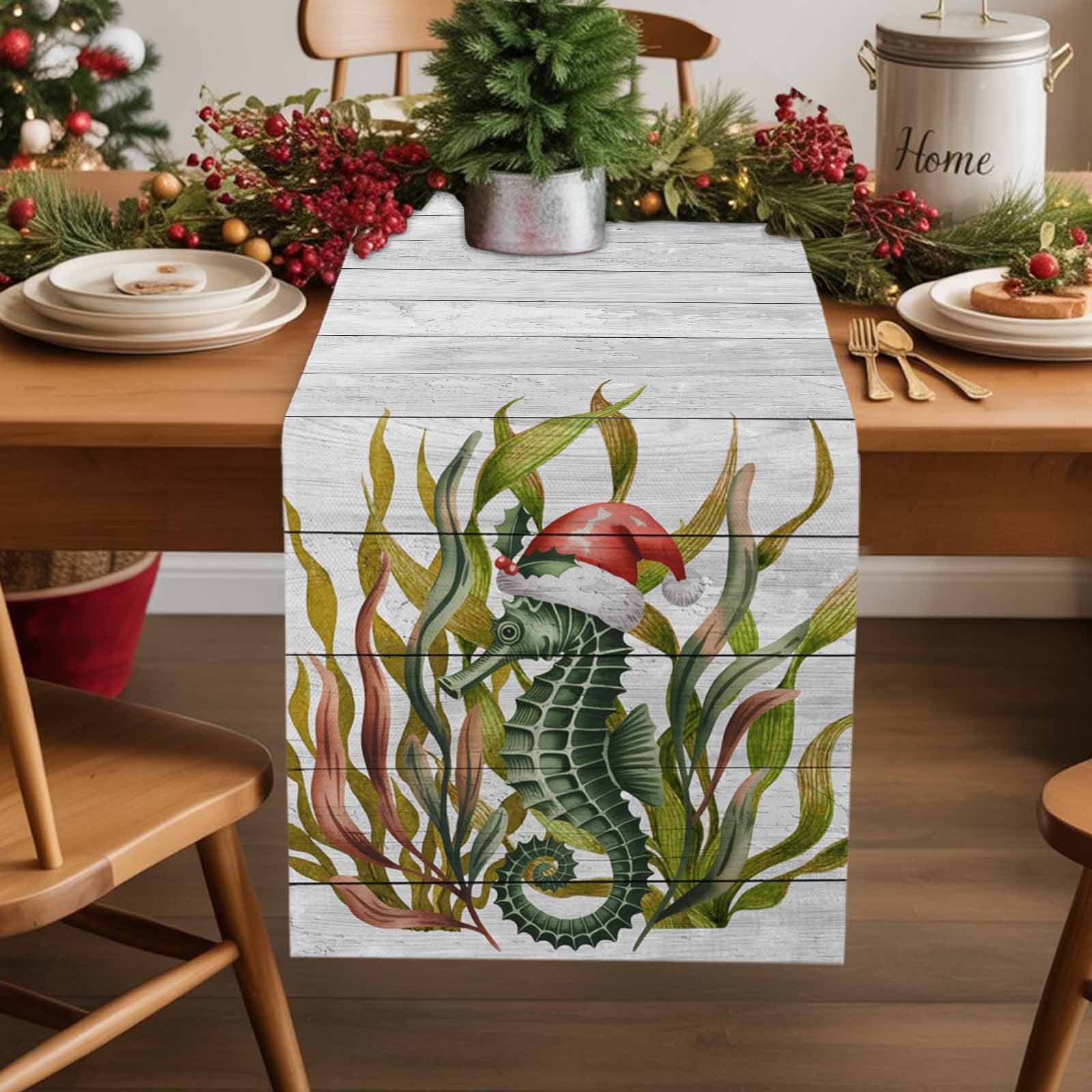 Burlap Table Runner 48 Inches Long,Christmas Funny Santa Sea Horse ...