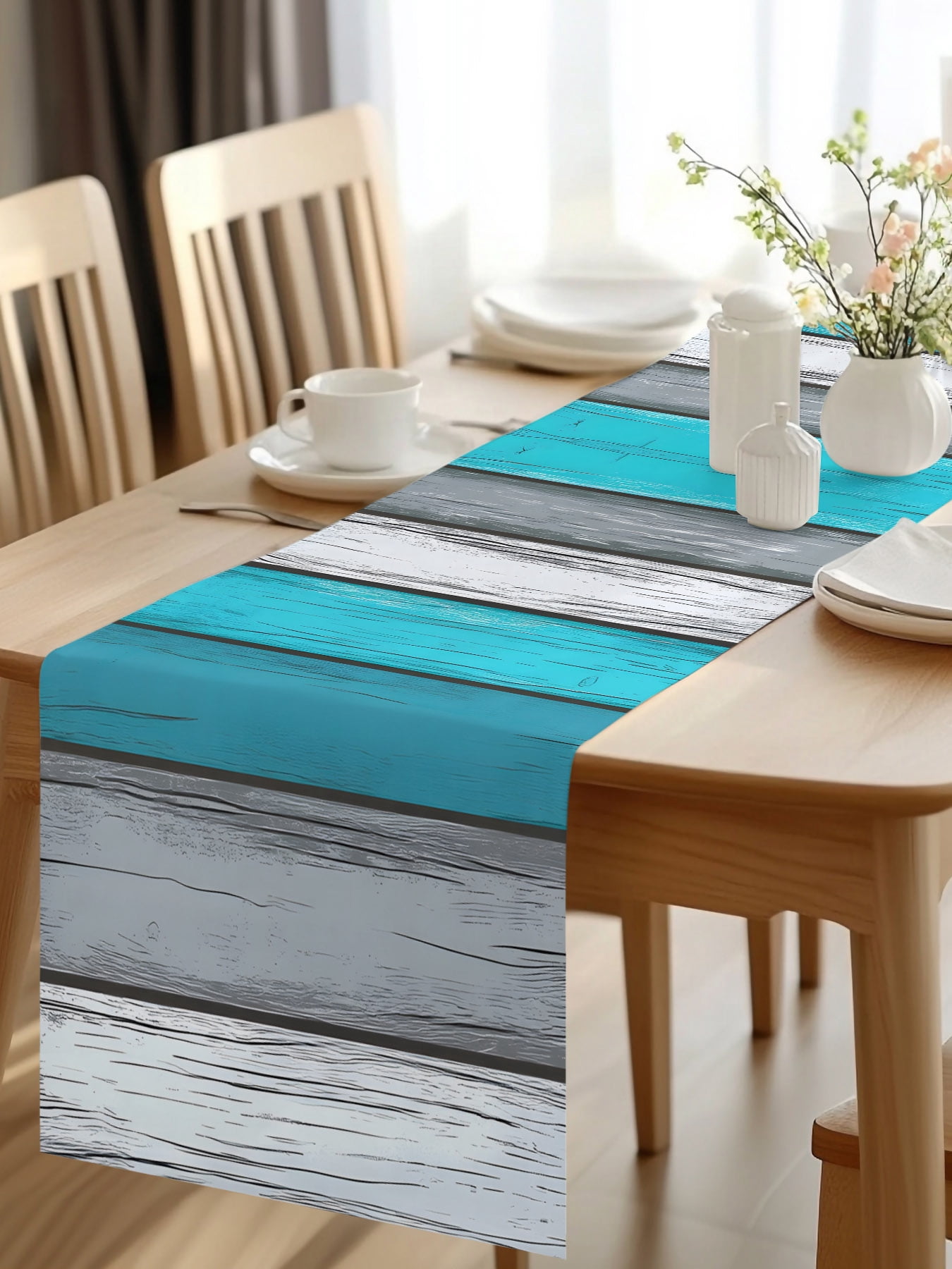 Burlap Table Runner 48 Inches Long, Coastal Country Blue Grey Board Non ...