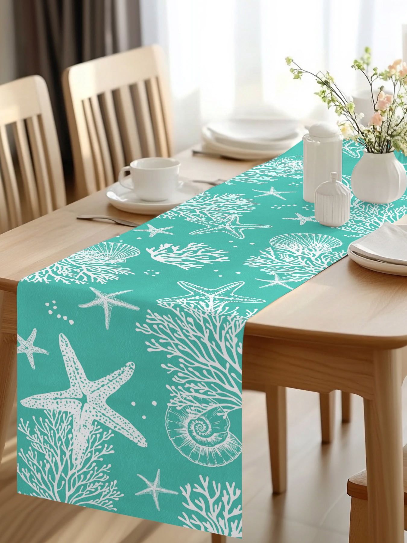 Burlap Table Runner 48 Inches Long, Coastal Starfish Coral Shell Non ...