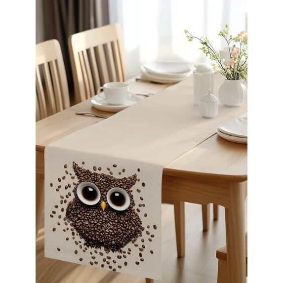 Burlap Table Runner 48 Inches Long, Coffee Time Cups Abstract Owl Non ...