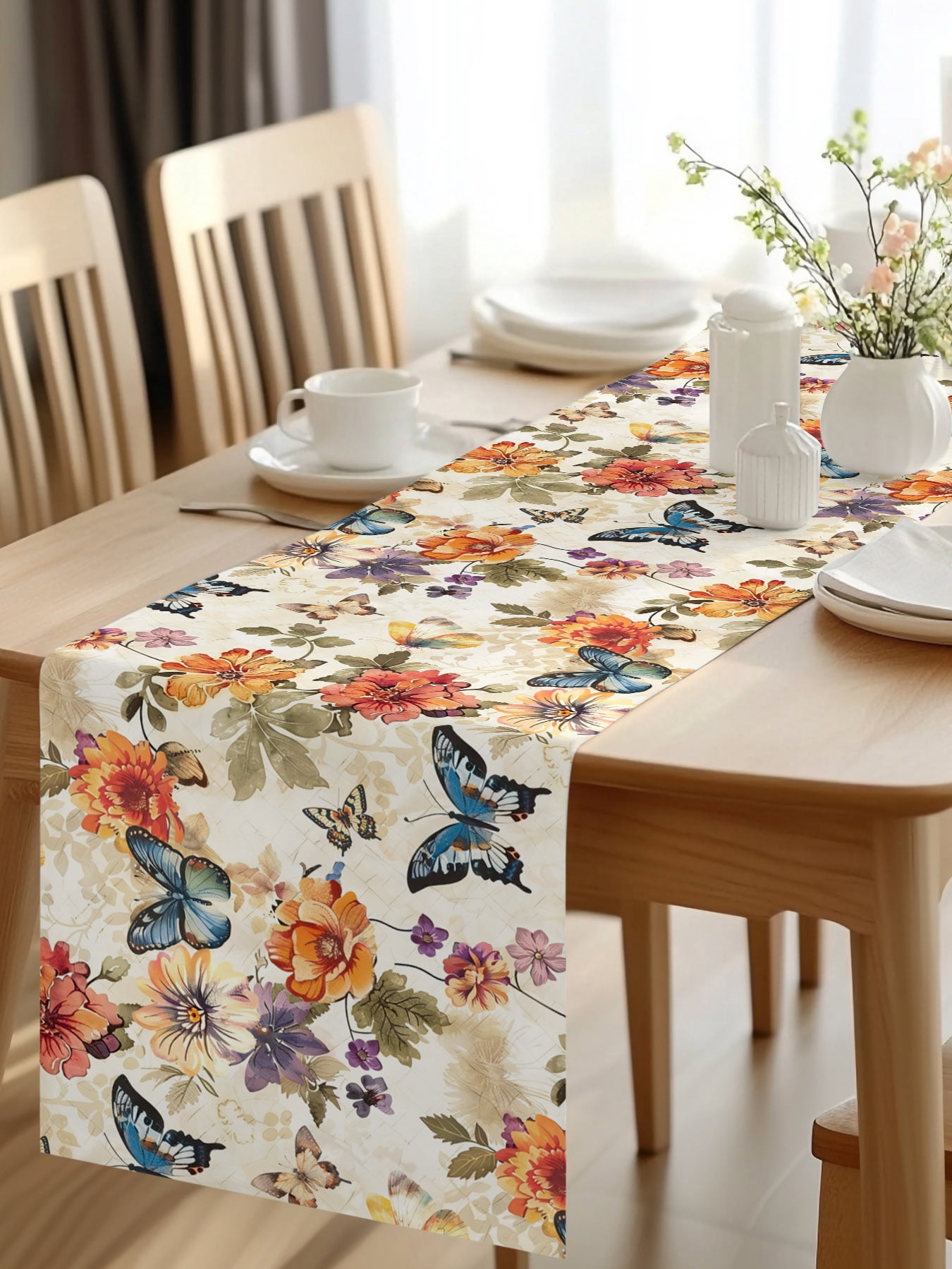 Burlap Table Runner 48 Inches Long, Colorful Butterfly Spring Flower ...