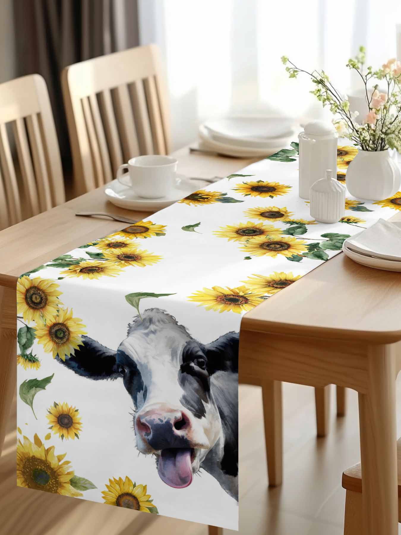 Burlap Table Runner 48 Inches Long, Country Sunflower Cow Non-Slip ...
