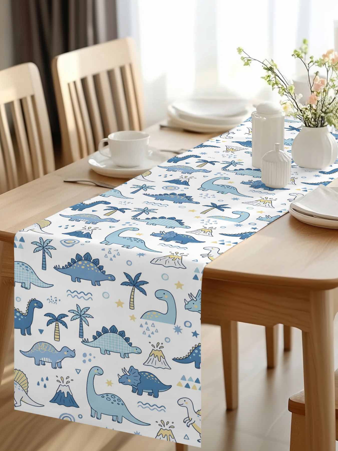 Burlap Table Runner 48 Inches Long, Cute Dinosaurs Blue Geometric Non ...
