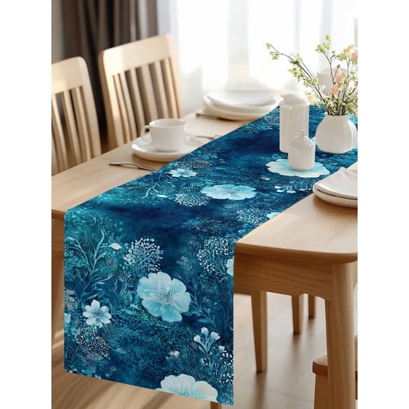 Burlap Table Runner 48 Inches Long, Dark Blue Botanical Flowers Non ...