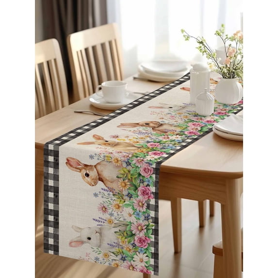 Burlap Table Runner 48 Inches Long, Easter Rabbits Pink Rose Daisy on ...