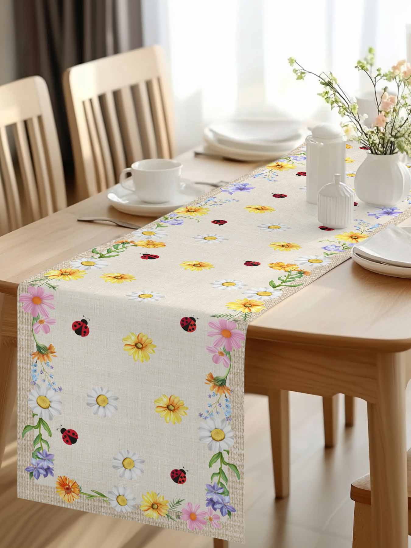 Burlap Table Runner 48 Inches Long, Farm Blossom Flower Ladybirds Non ...