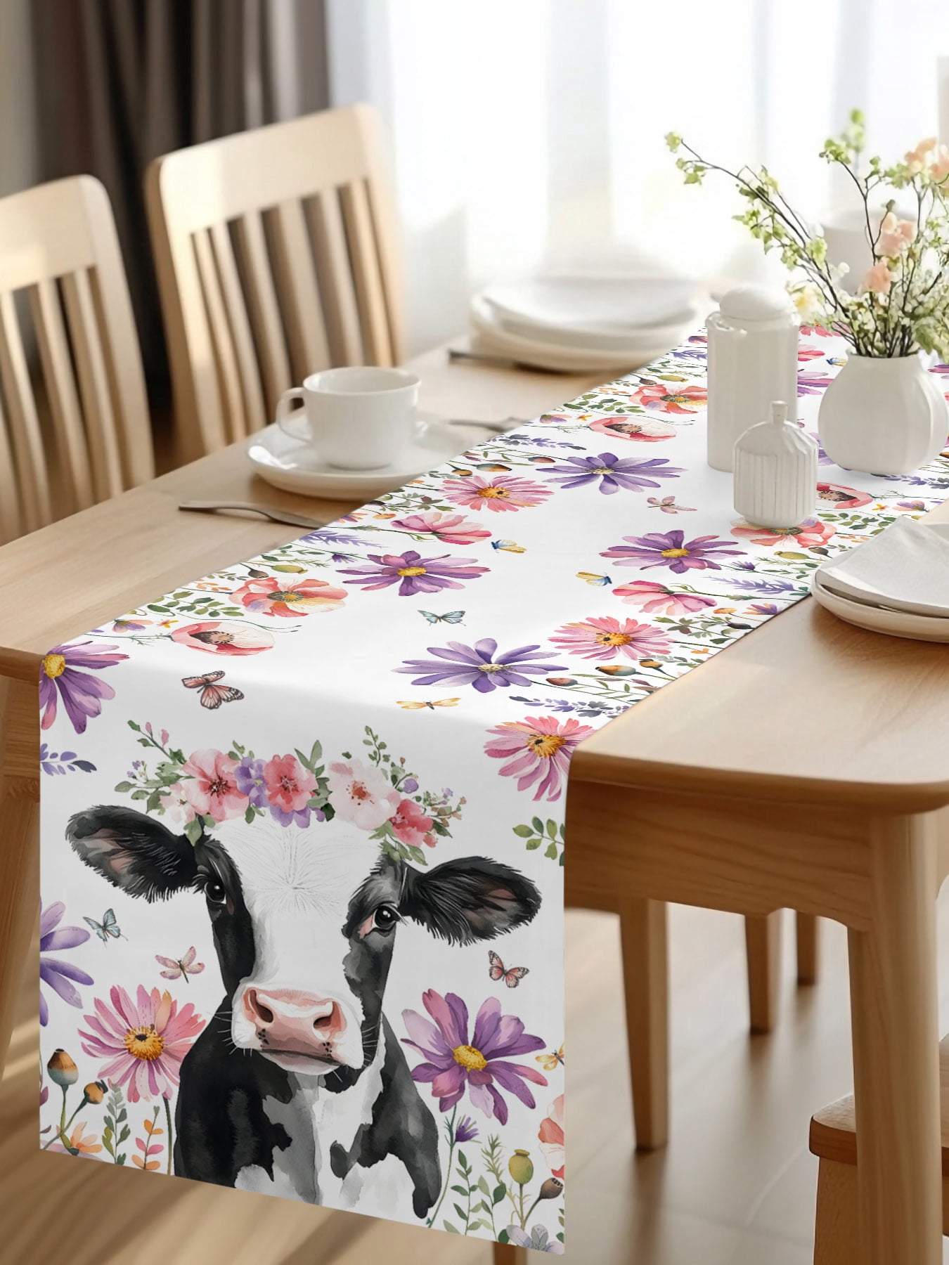 Burlap Table Runner 48 Inches Long, Farm Cow Flower Wreath Non-Slip ...