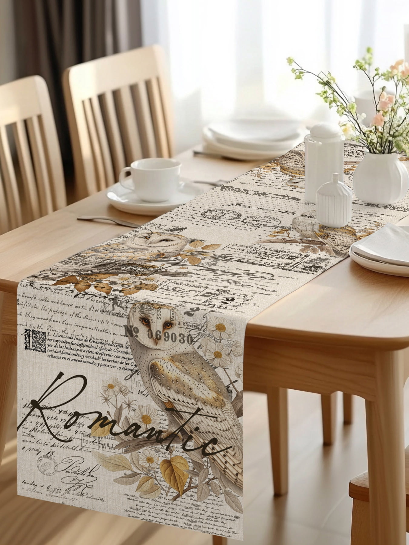 Burlap Table Runner 48 Inches Long, Farm Owl Tree Branch Flower Plant ...