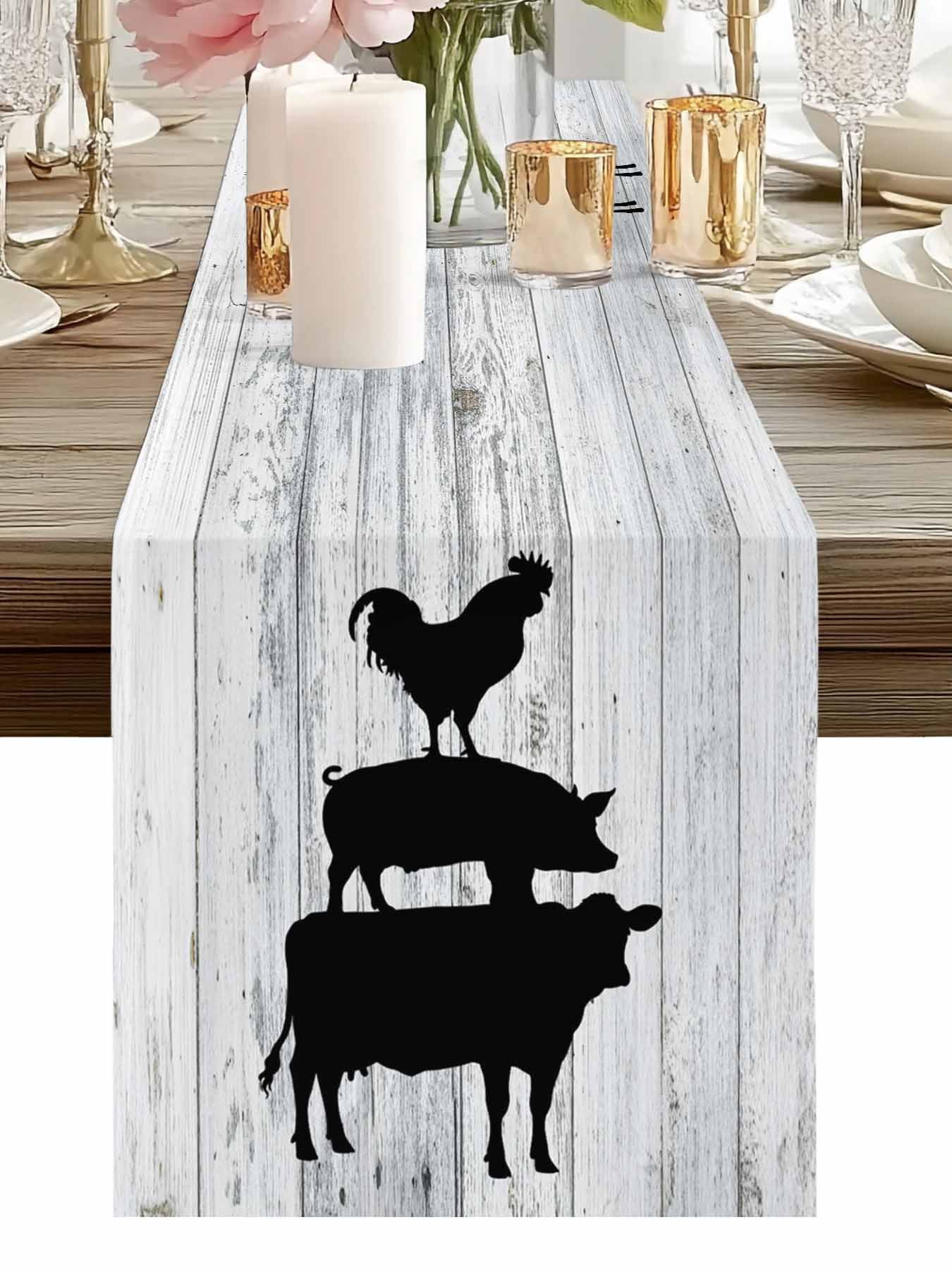 Burlap Table Runner 48 Inches Long, Farm Rooster Pig and Cow Non-Slip ...
