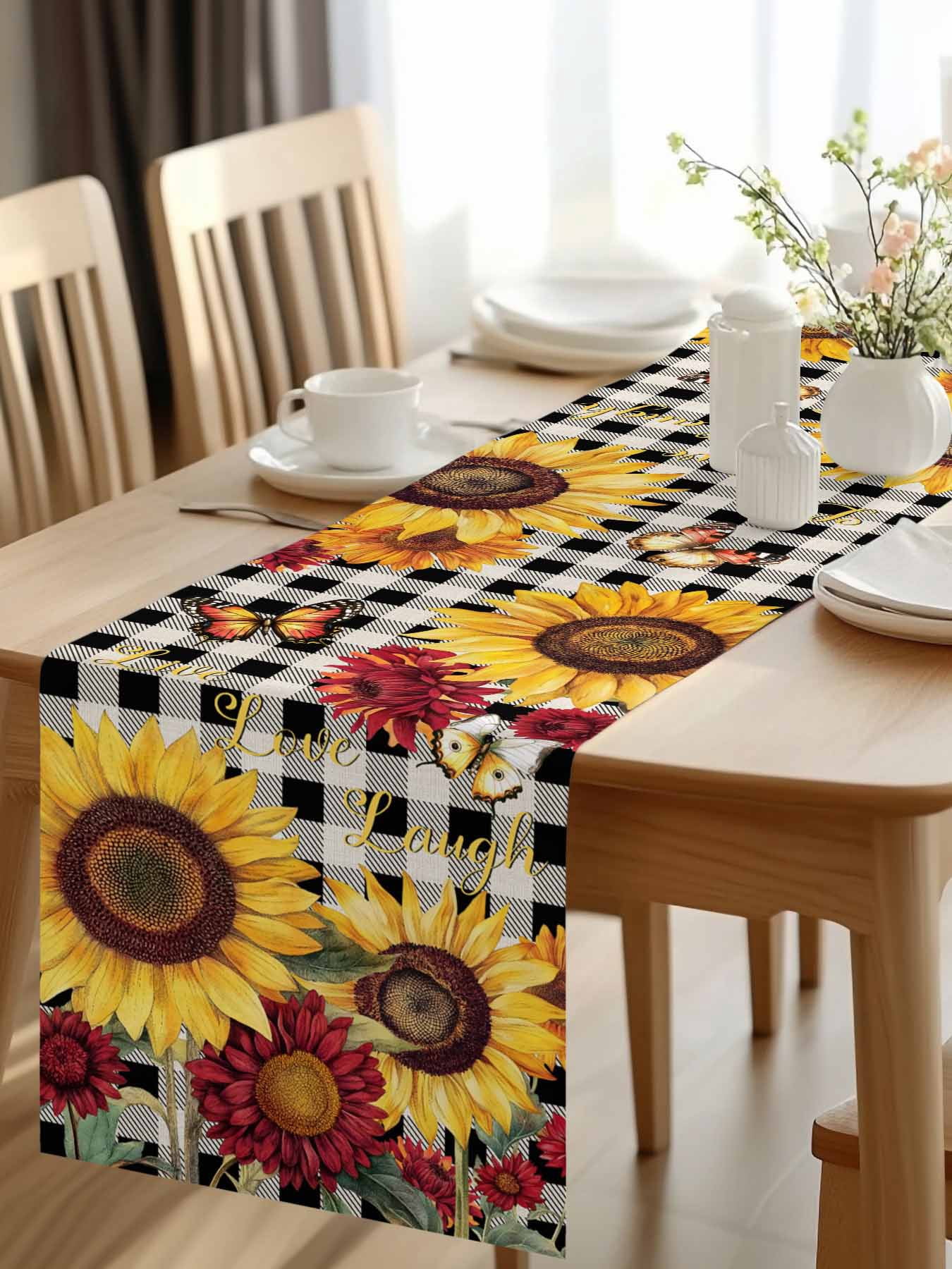 Burlap Table Runner 48 Inches Long, Farm Sunflowers Butterfly Non-Slip ...
