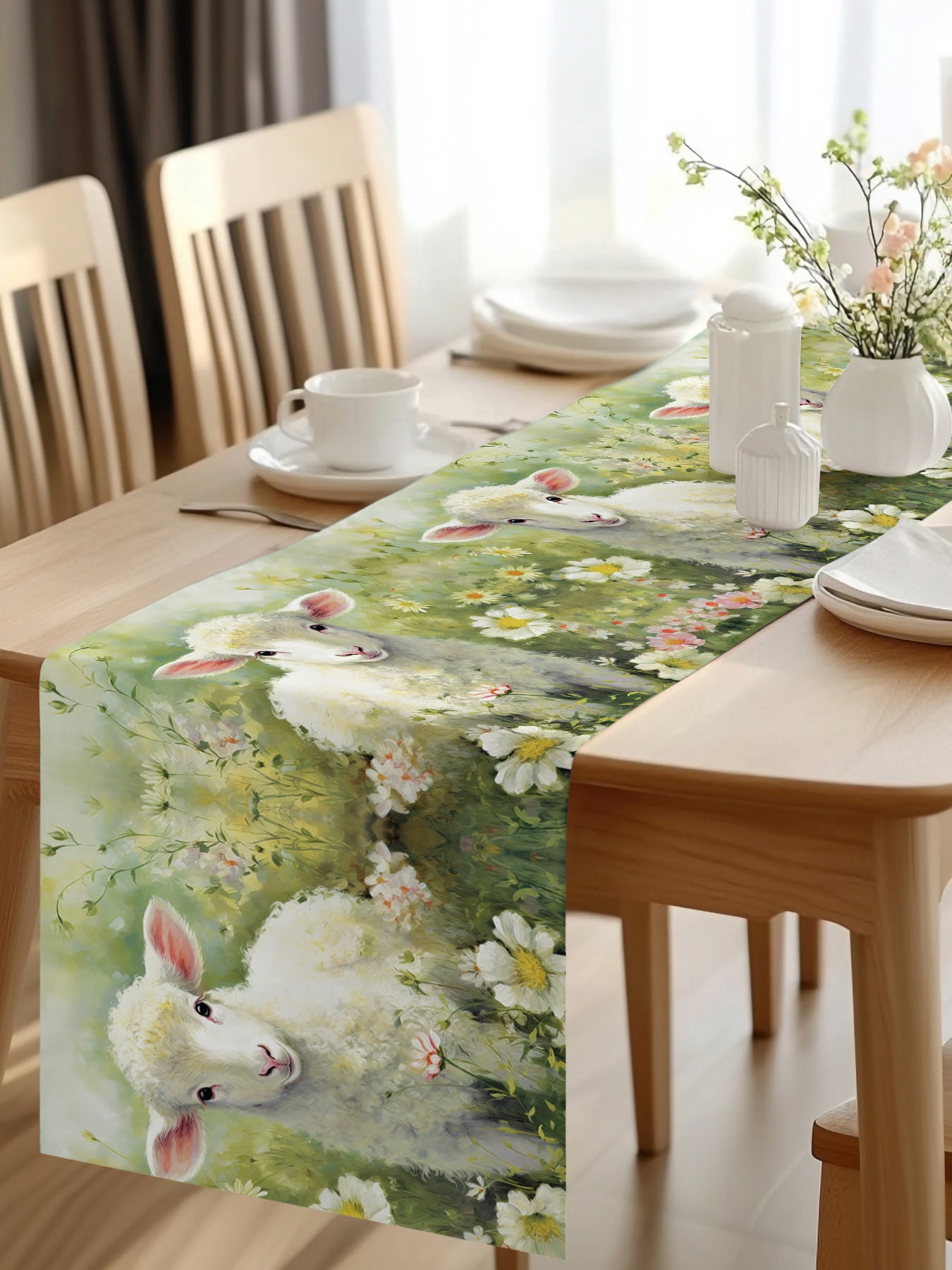 Burlap Table Runner 48 Inches Long, Farm Watercolor Cute Sheep Flowers ...