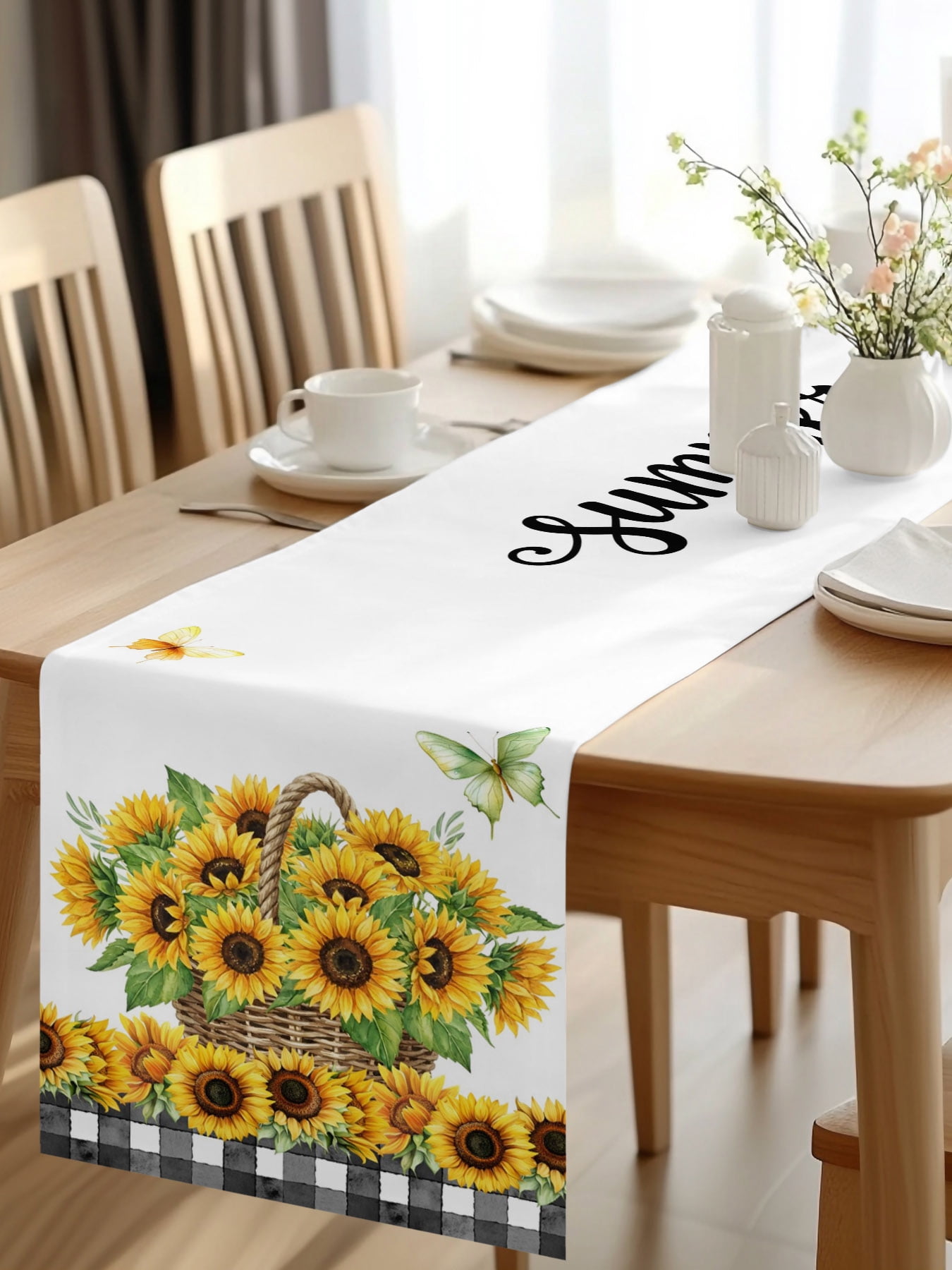 Burlap Table Runner 48 Inches Long, Farm Watercolor Sunflower Leaf Non ...