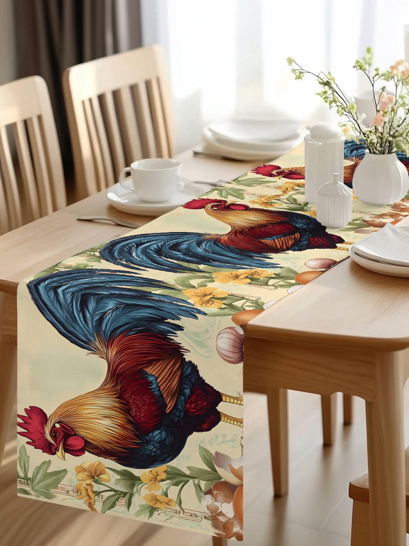 Burlap Table Runner 48 Inches Long, Farmhouse Rooster Egg Flower Non ...