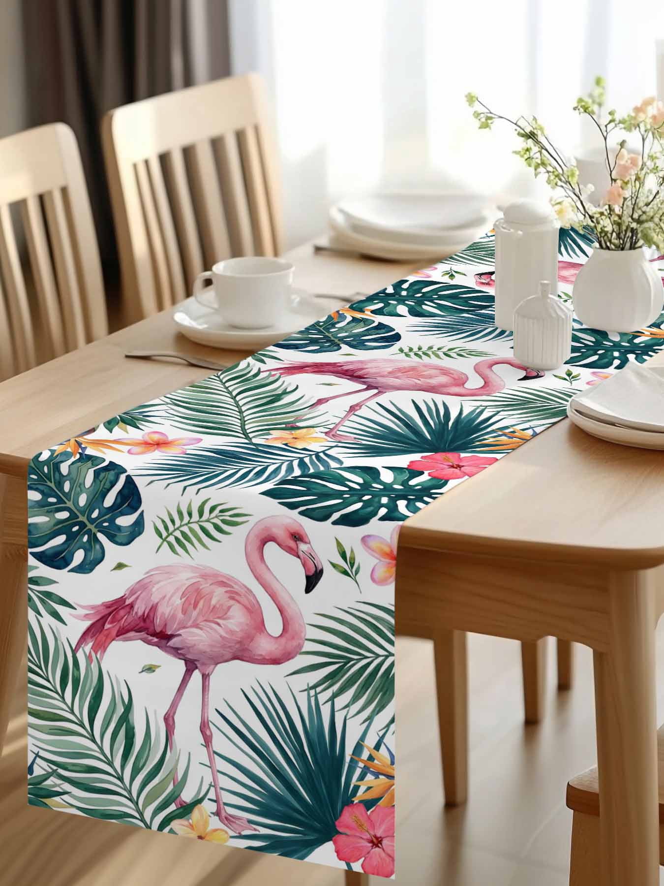 Burlap Table Runner 48 Inches Long, Flamingo Summer Monstera Non-Slip ...