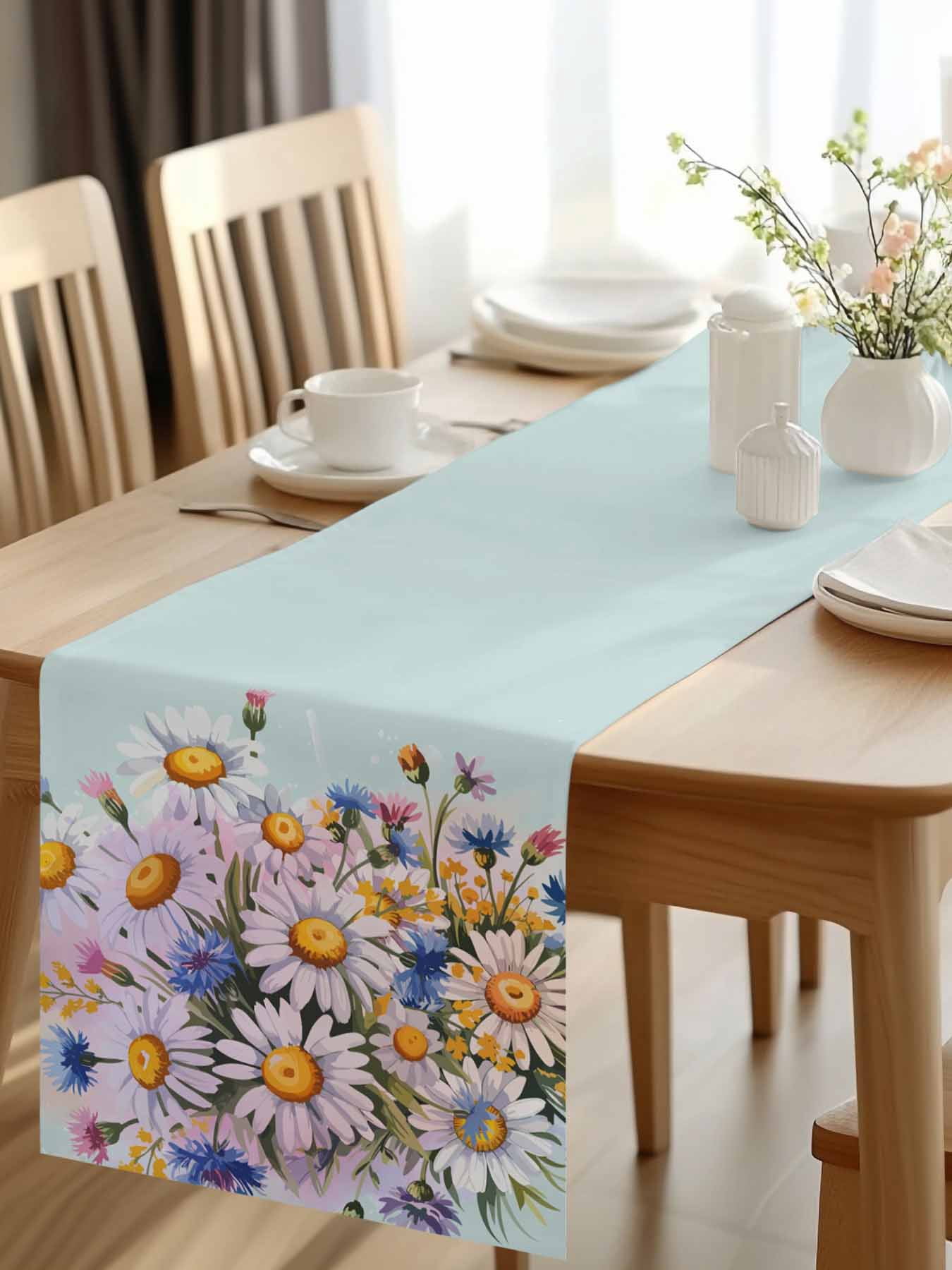 Burlap Table Runner 48 Inches Long, Floral Daisy Colorful Flower Non ...