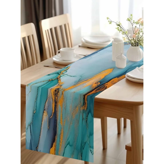 Burlap Table Runner 48 Inches Long, Gold Lines Turquoise Marble Texture ...