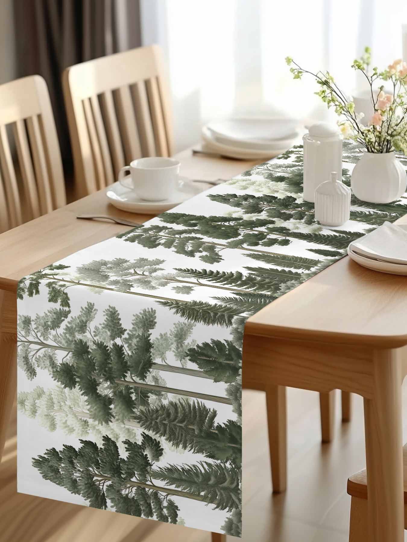 Burlap Table Runner 48 Inches Long, Gradient Green Pine Maple Trees ...