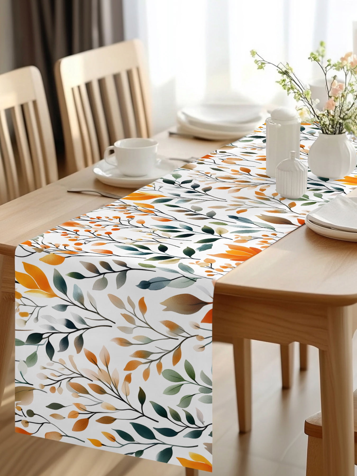 Burlap Table Runner 48 Inches Long, Green Orange Branch Leaves Non-Slip ...