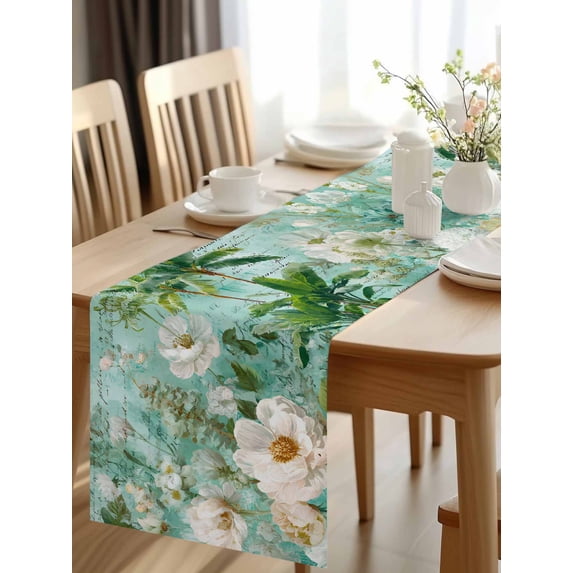 Burlap Table Runner 48 Inches Long, Green Palm Tree White Floral Non ...